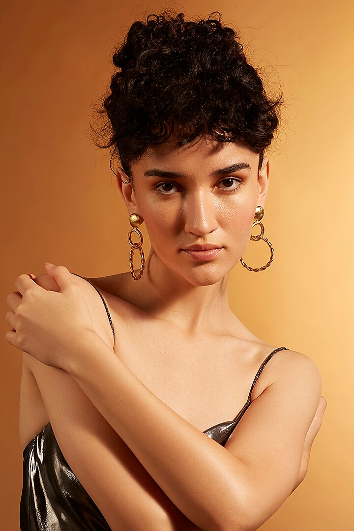 Gold Finish Double Loop Dangler Earrings By Joules By Radhika At Pernia