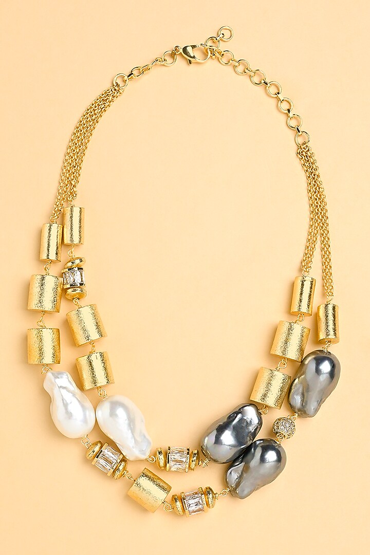 Gold Finish Chunklet & Pearl Necklace by Joules By Radhika at Pernia's ...