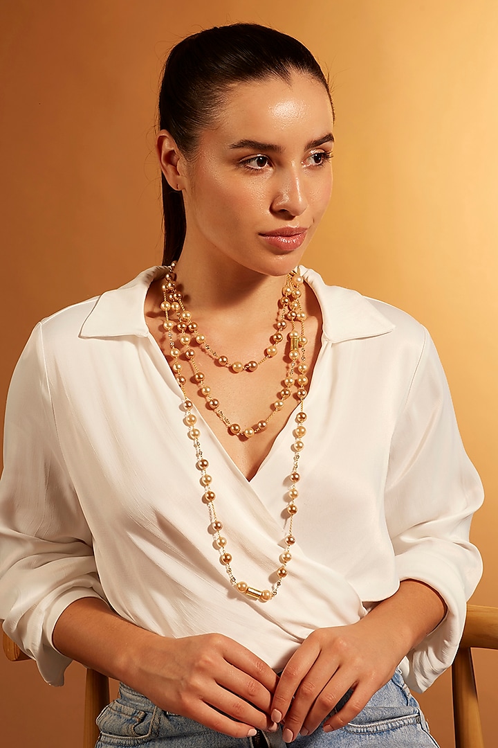 Gold Finish Chunklet & Pearl Necklace by Joules By Radhika at Pernia's ...