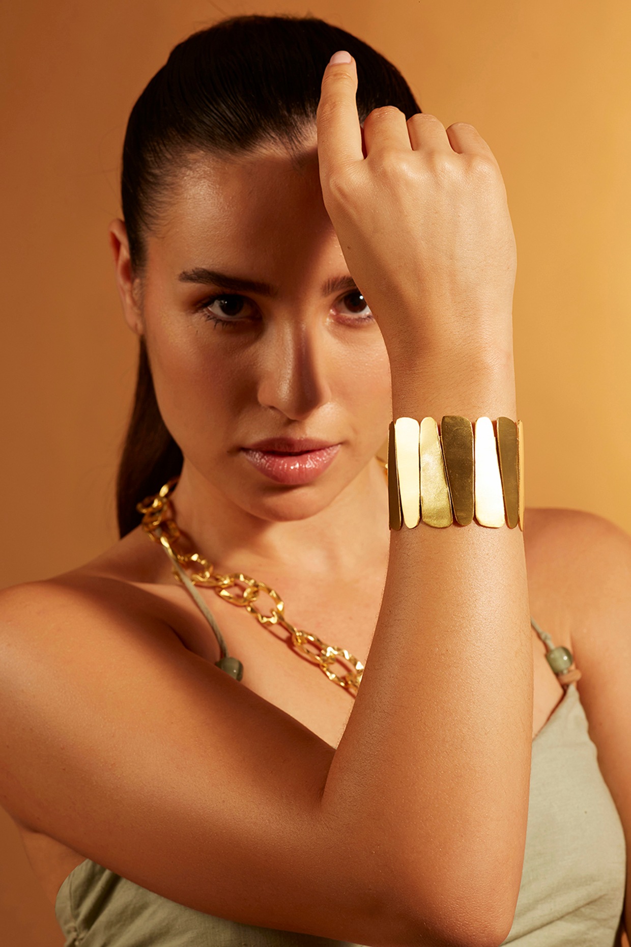 Gold Finish Flat Chunk Open Cuff by Joules By Radhika at Pernia's Pop Up Shop 2025