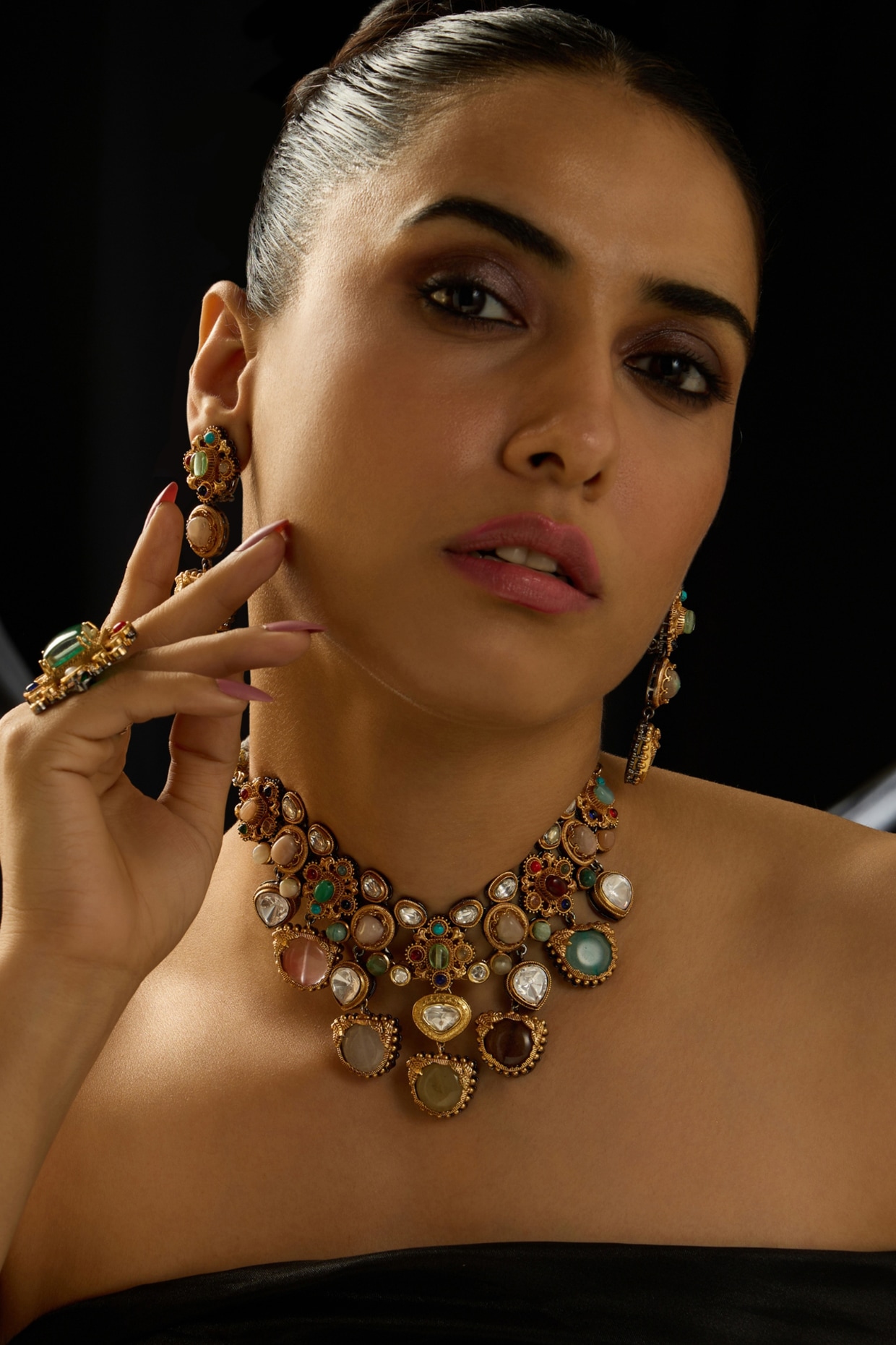 Gold Finish Multi-Colored Stone Necklace Set by Joules By Radhika at ...