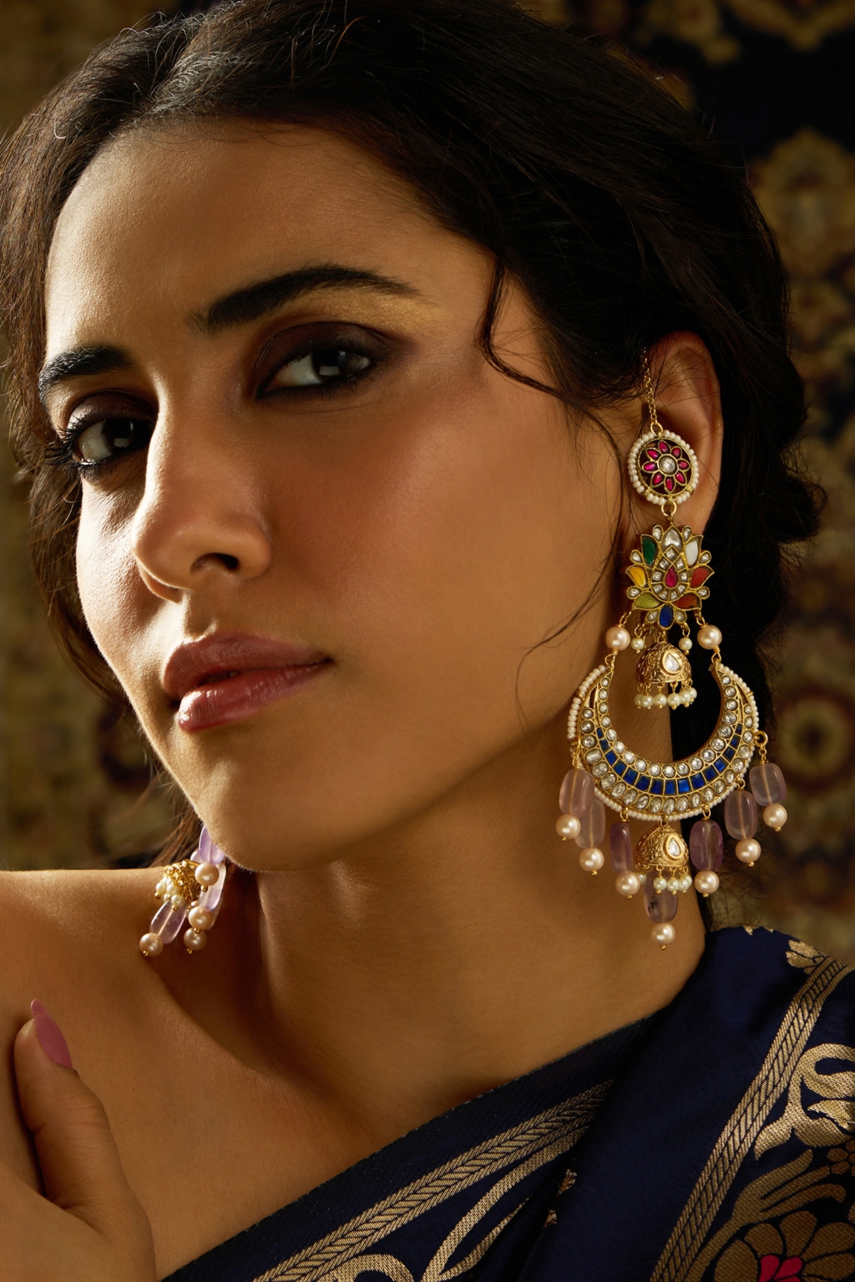 Gold Finish Ear Chain Chandbali Earrings by Joules By Radhika at Pernia ...