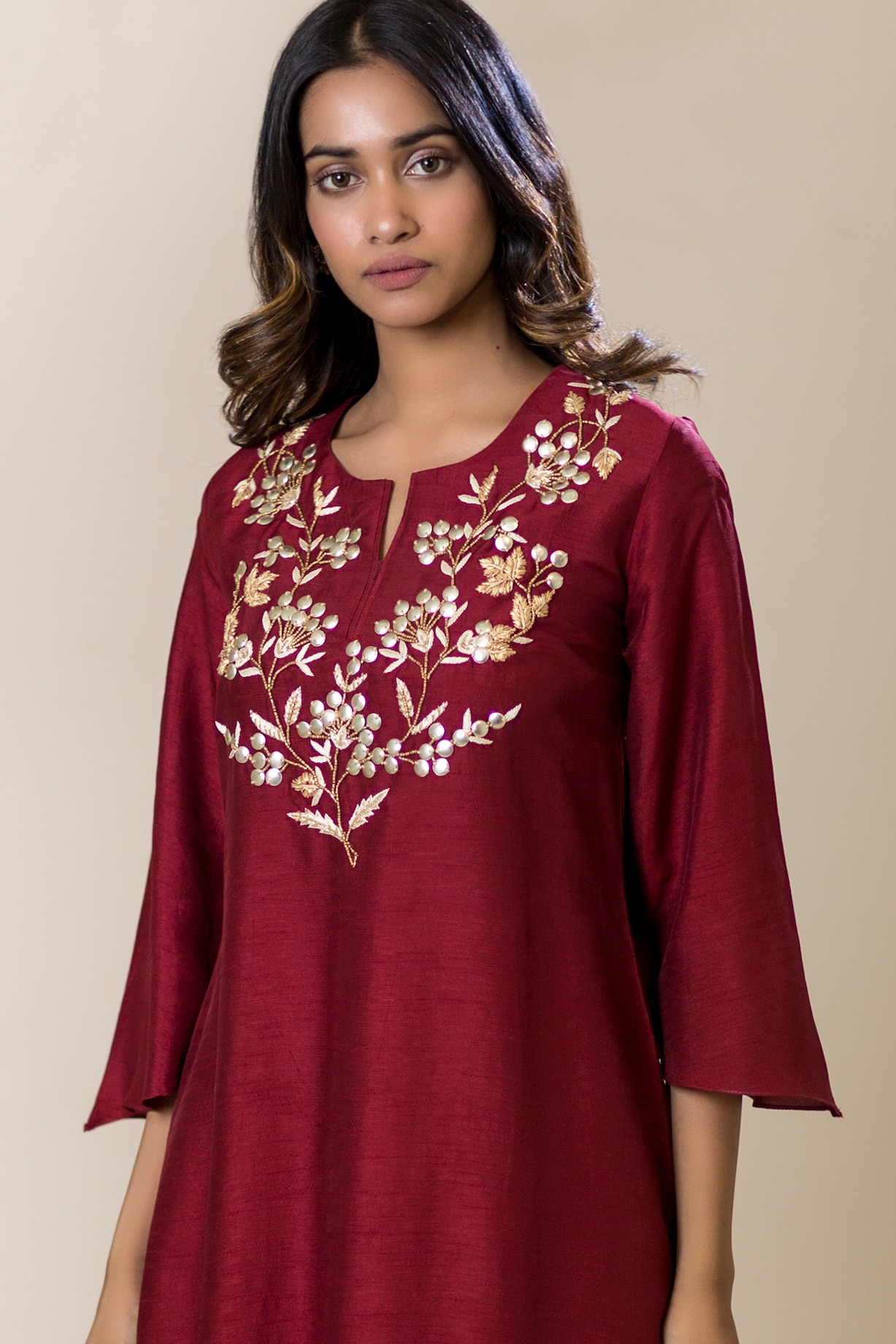 Maroon Embroidered Asymmetric Tunic by July at Pernia's Pop Up Shop 2025