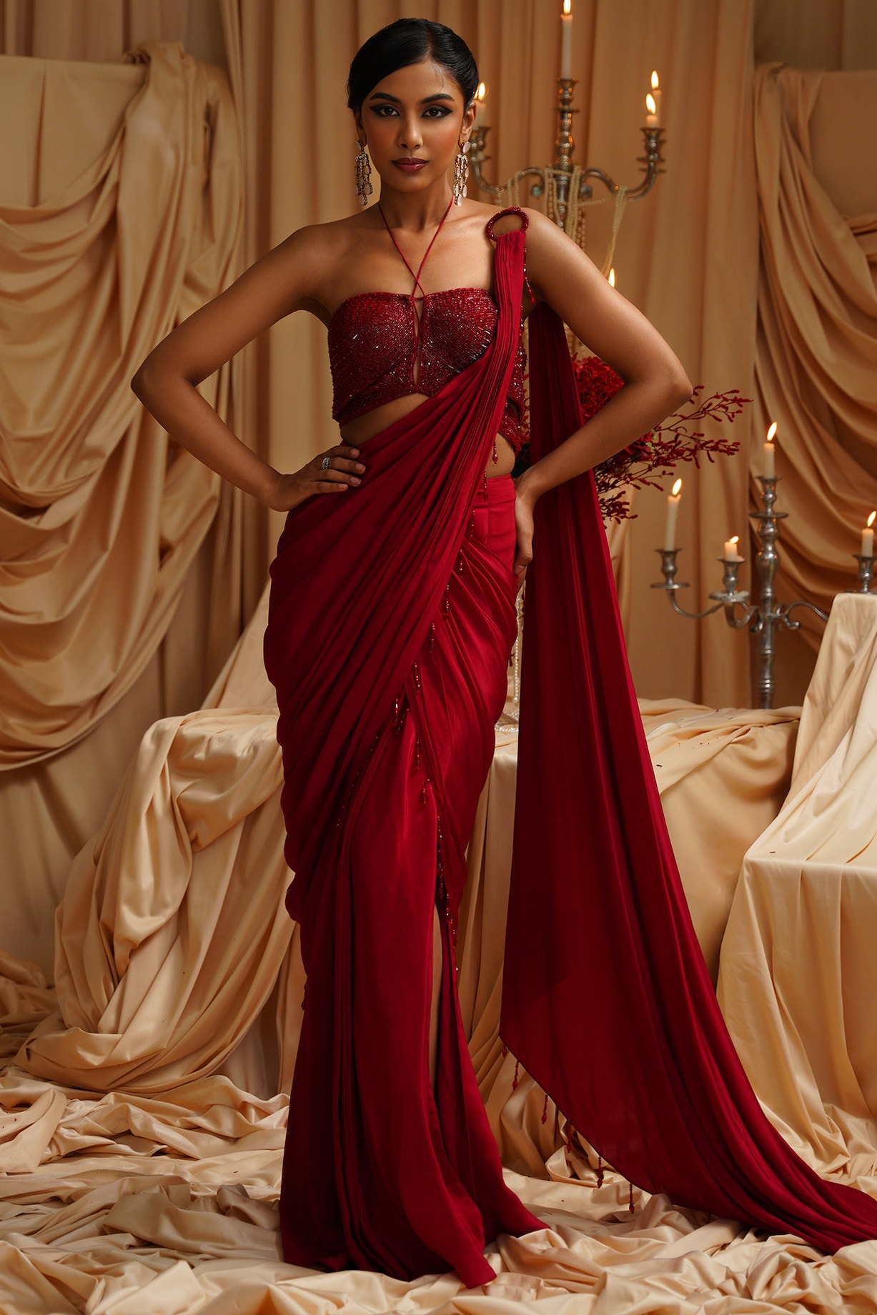 Cherry Red Crepe & Organza Aari Embroidered Draped Saree Set by Jade by ...
