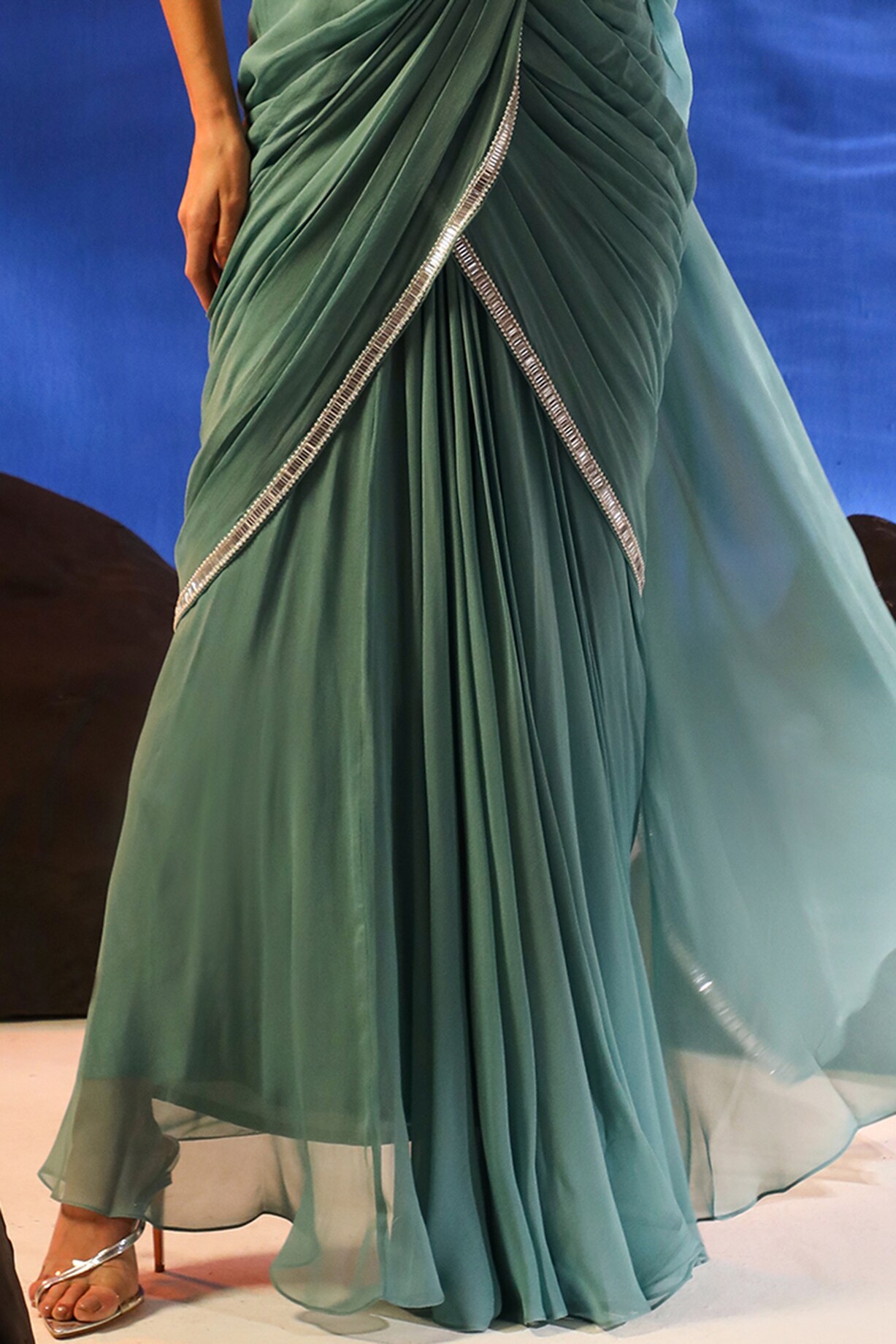 Light Tiffany Blue Georgette Hand Embroidered Draped Saree Set by Jade ...