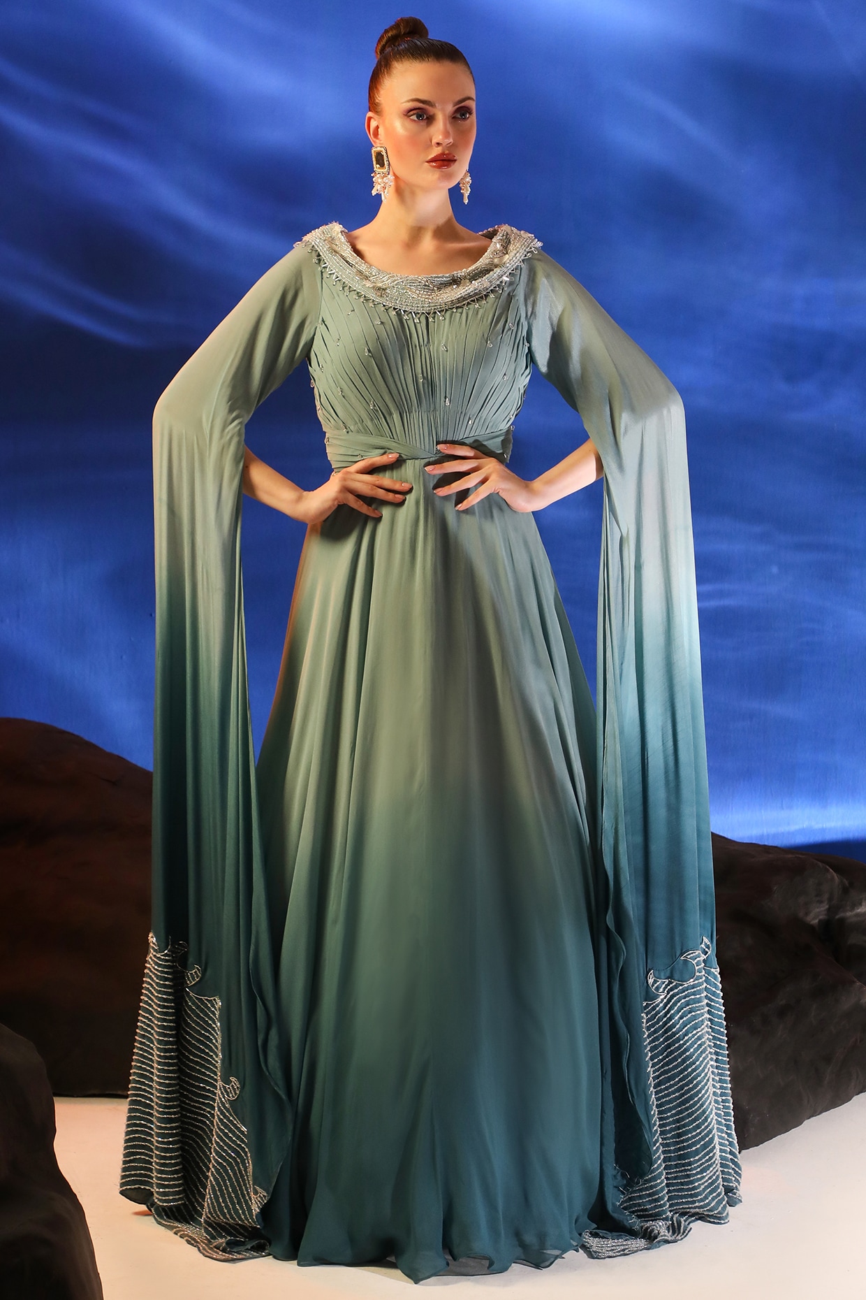 Mist Blue & Teal Georgette Hand Embroidered Gown by Jade by Ashima at ...