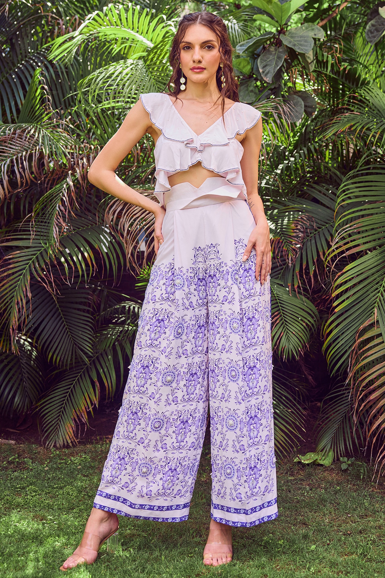 Blue Heavy Dull Crepe Printed & Hand Embroidered Co-Ord Set by Jade By ...