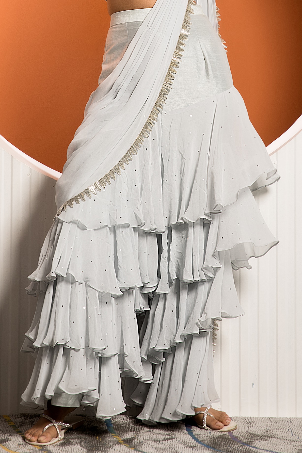 Pastel Blue Georgette Ruffled Draped Gharara Set by Jade by Ashima at ...