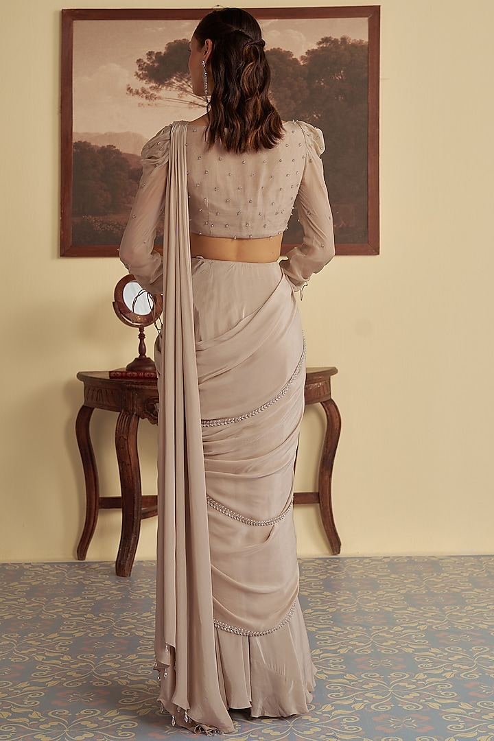 Beige Crepe Silk Embellished Draped Saree Set by Jade By Ashima at Pernia's Pop Up Shop 2025