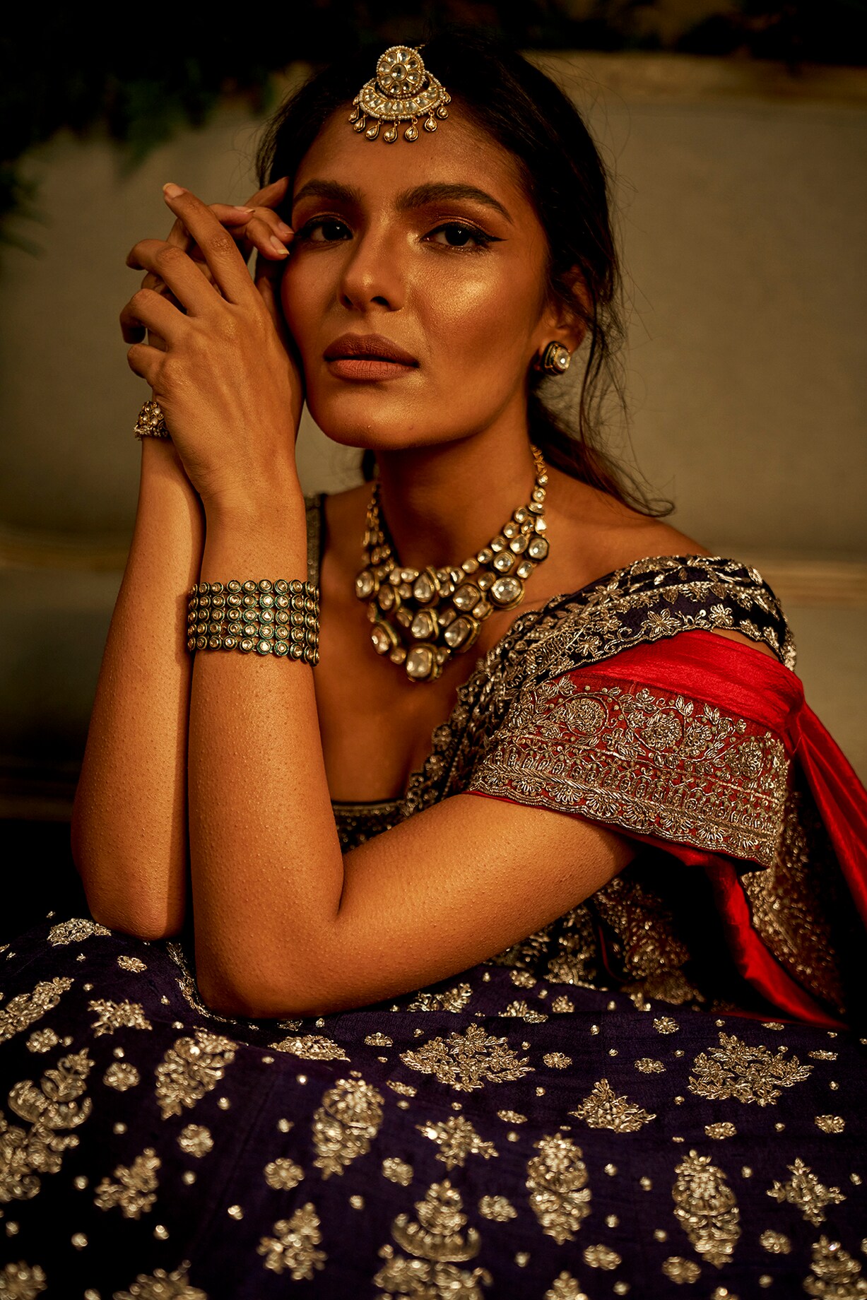 Dark Purple Raw Silk Embroidered Bridal Lehenga Set by Jayanti Reddy at ...