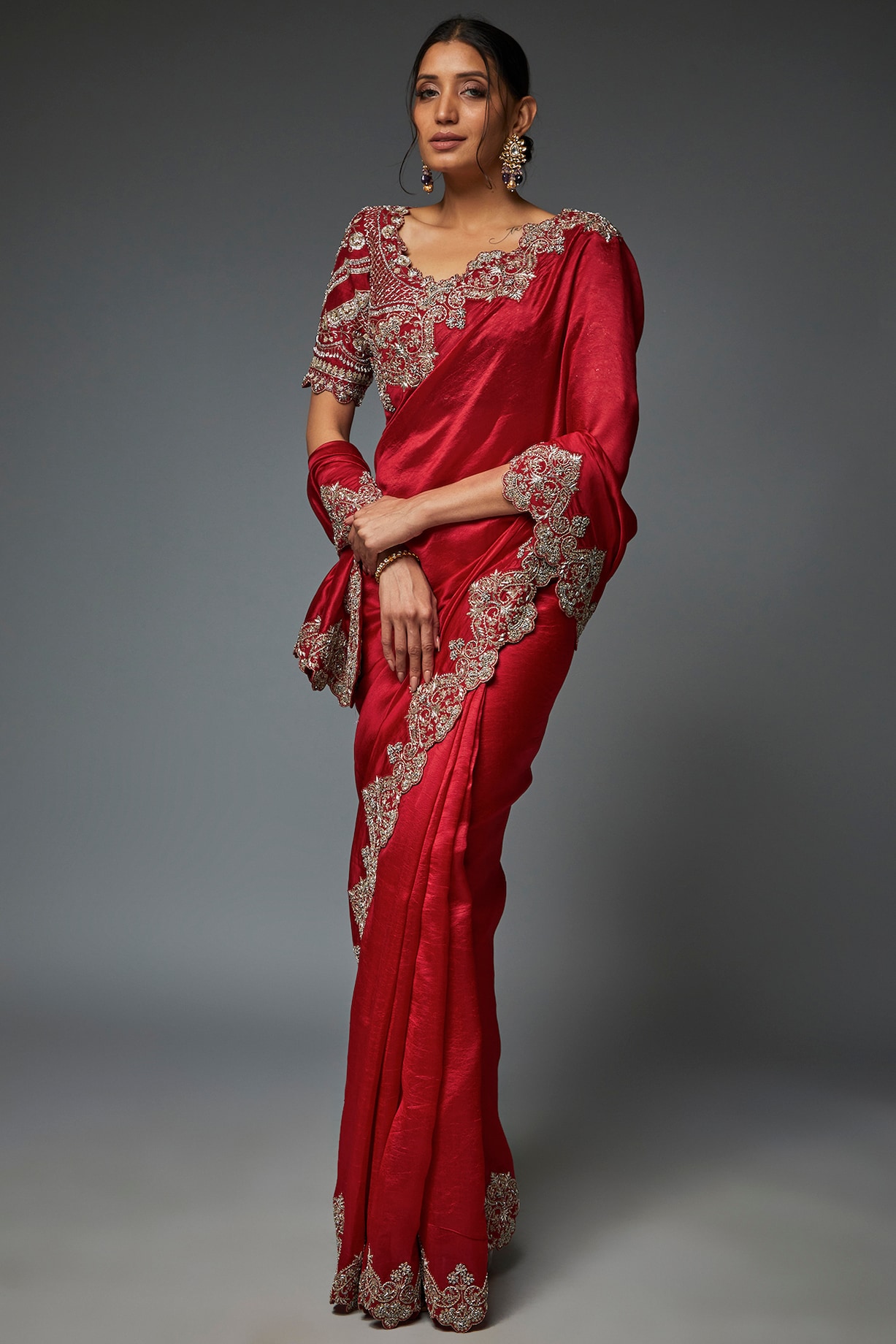 Red Silk & Raw Silk Zari Embroidered Saree Set by Jayanti Reddy at ...