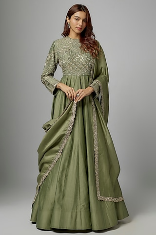 Mint Green Silk Embroidered Anarkali Set by Jayanti Reddy at Pernia's ...