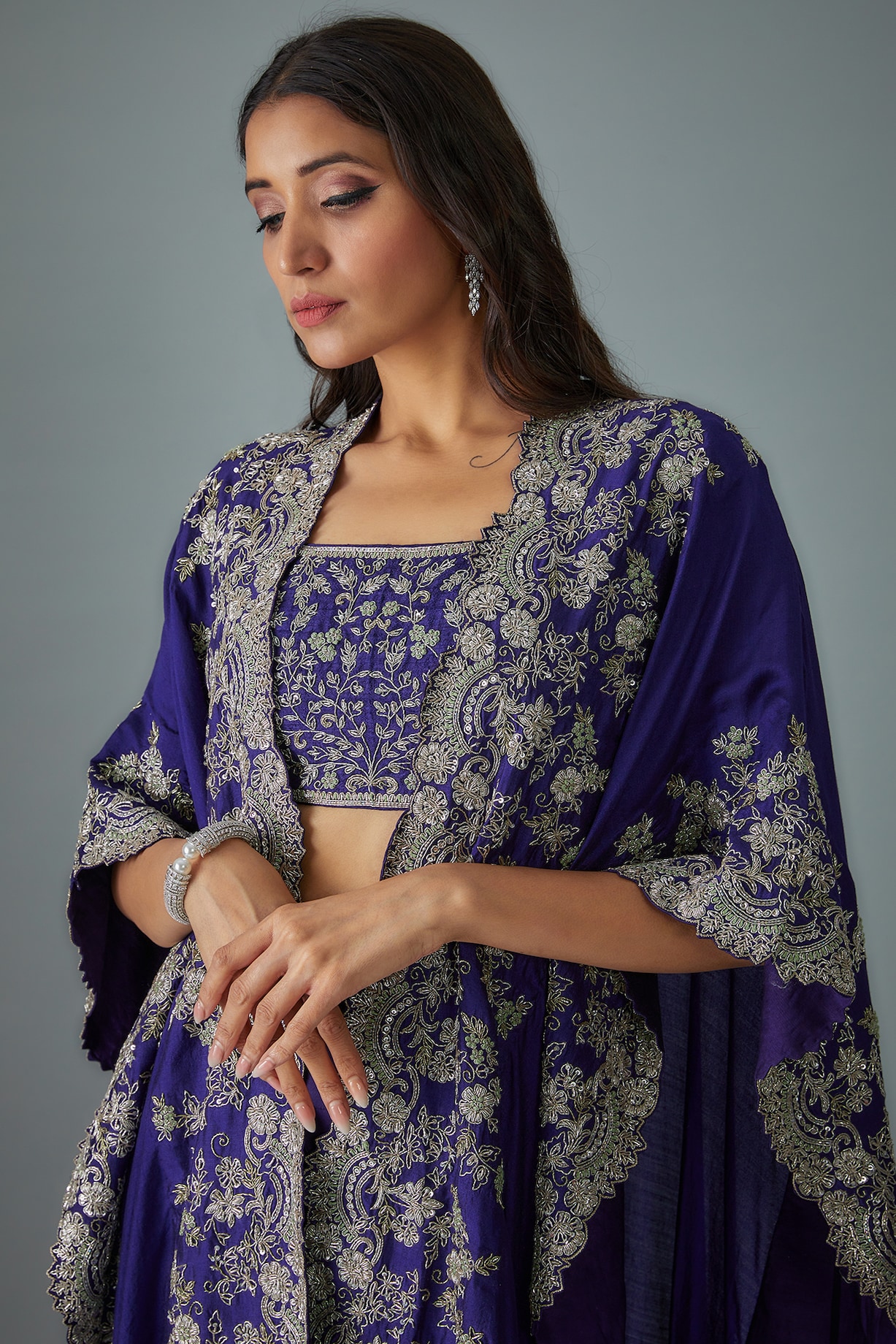 Purple Silk Embroidered Cape Set Design by Jayanti Reddy at Pernia's ...