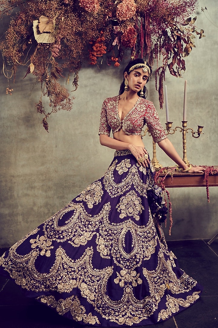 Purple Raw Silk Embroidered Bridal Lehenga Set by Jayanti Reddy at ...