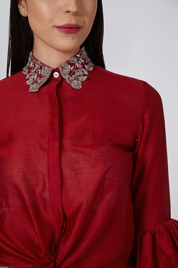 Red Embroidered Shirt by Jayanti Reddy at Pernia's Pop Up Shop 2025