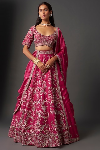 Rani Pink Raw Silk Zardosi Embroidered Bridal Lehenga Set by Jayanti ...