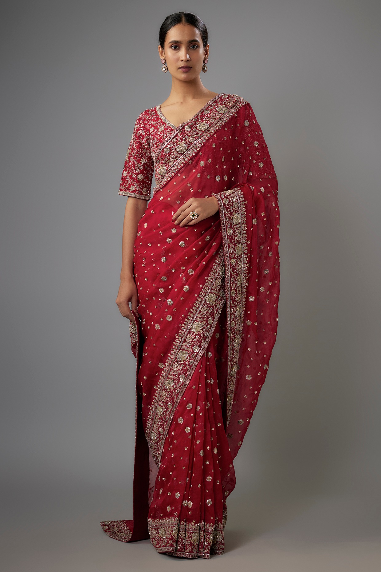 Red Organza Zardosi Embroidered Saree Set by Jayanti Reddy at Pernia's ...