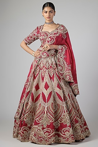 Red Raw Silk Zardosi Embroidered Bridal Lehenga Set by Jayanti Reddy at ...