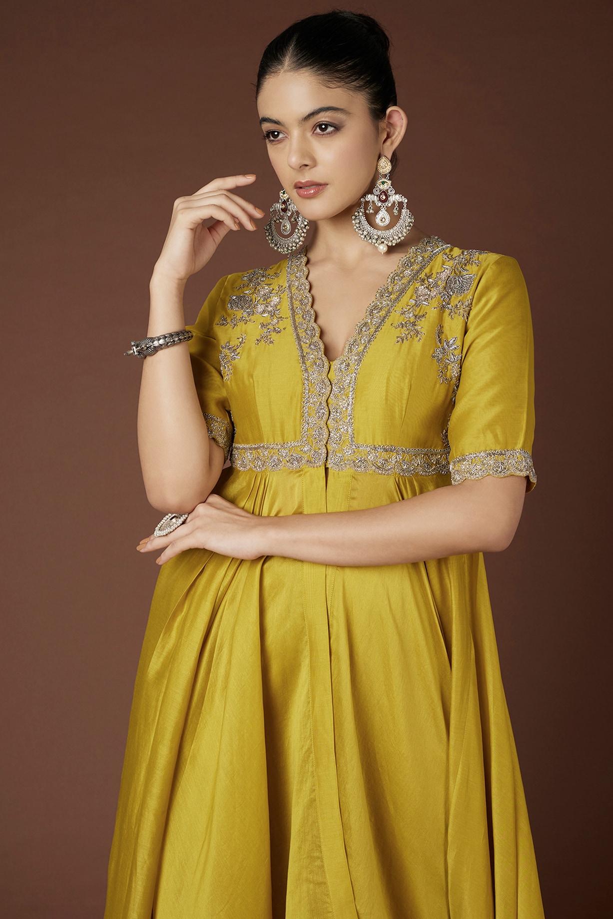 Mustard Chanderi Silk Embroidered Anarkali Set by Jayanti Reddy at ...
