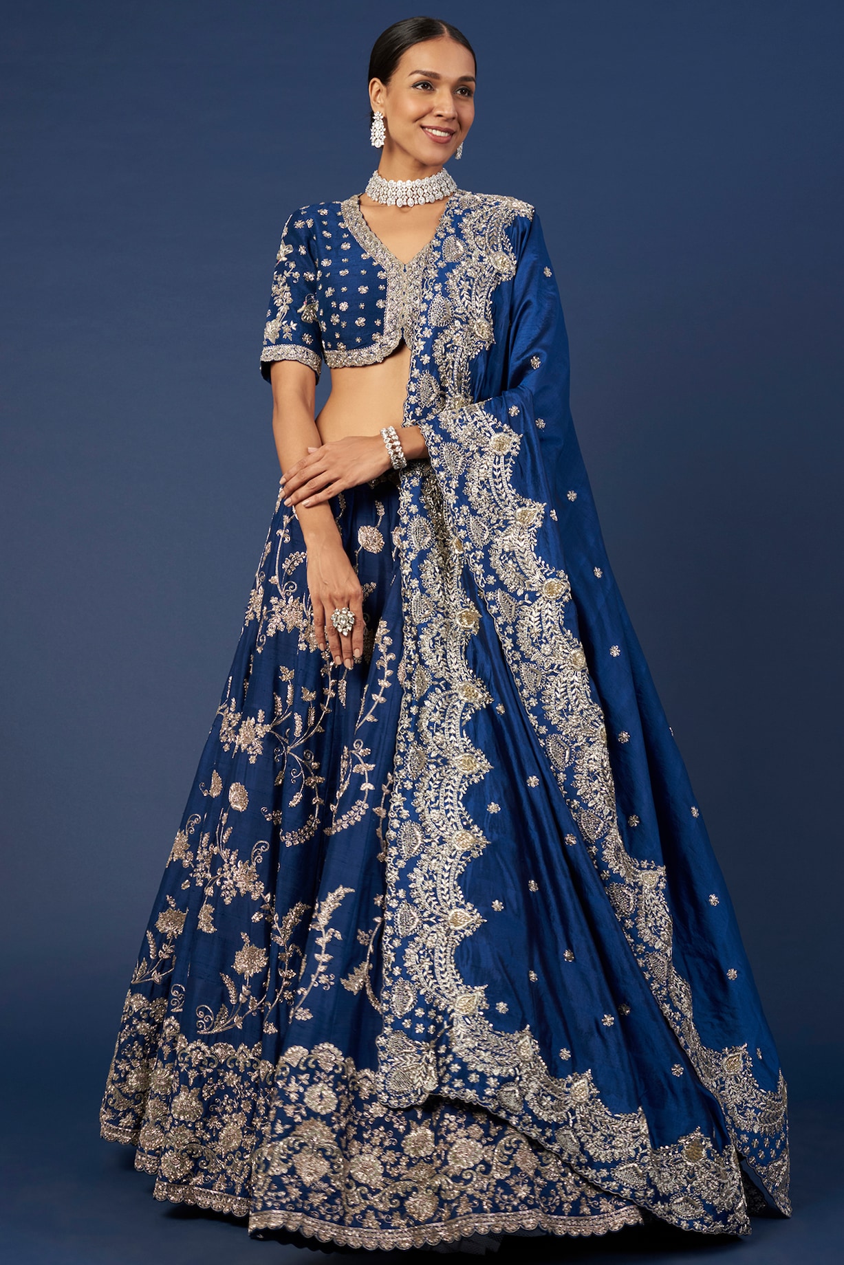 Blue Raw Silk Embroidered Bridal Lehenga Set by Jayanti Reddy at Pernia ...
