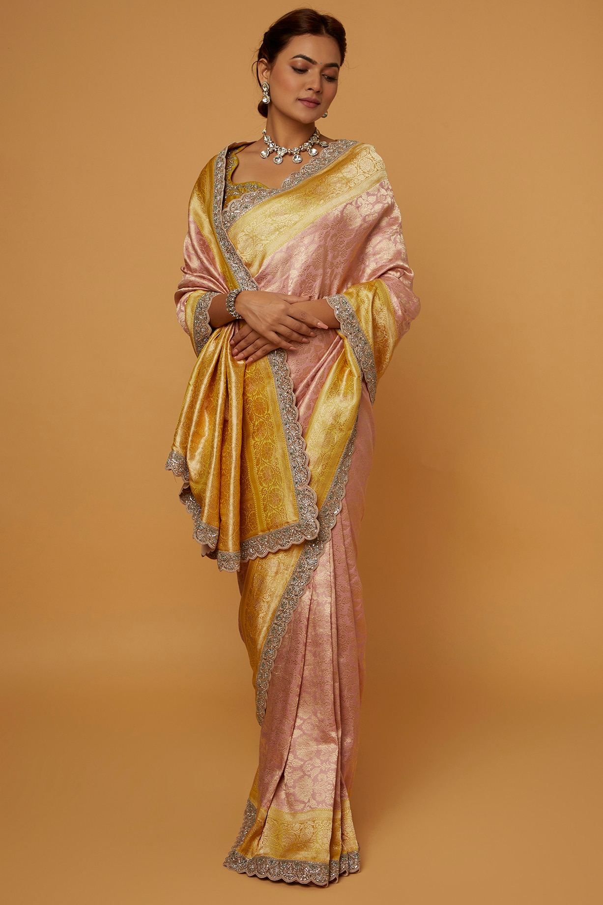 Peach Banarasi Zardosi Embroidered Saree Set by Jayanti Reddy at Pernia ...