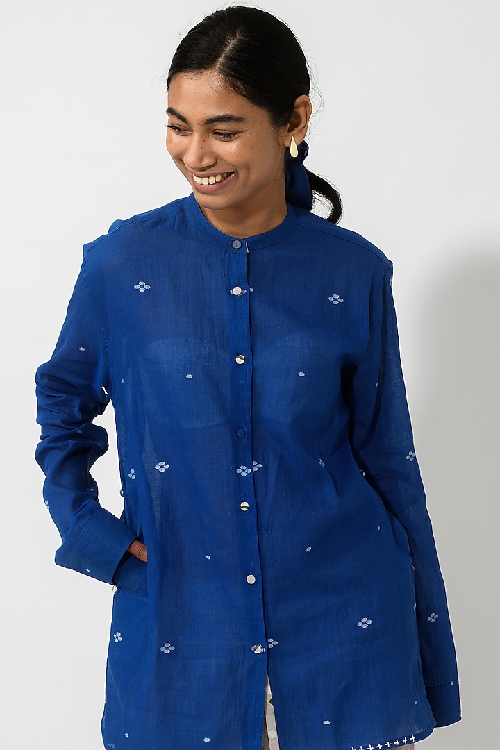 Indigo Blue Handwoven Jamdani Shirt by Jayati Goenka at Pernia's Pop Up ...