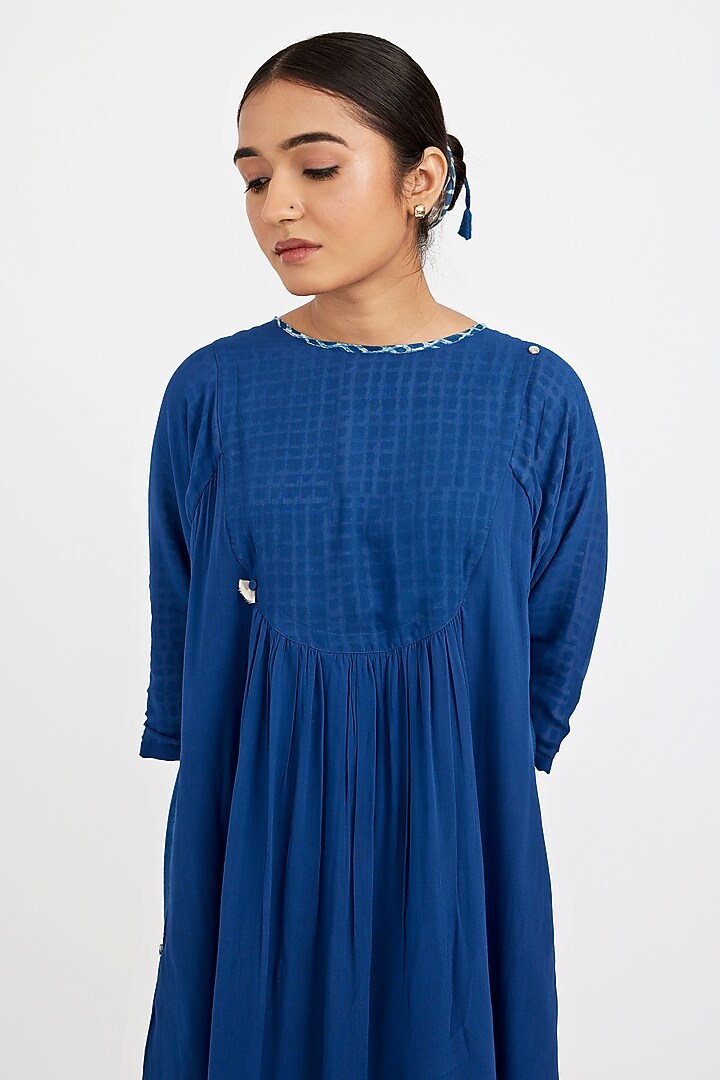 Blue Chiffon & Linen Handcrafted Midi Dress by Jayati Goenka at Pernia ...