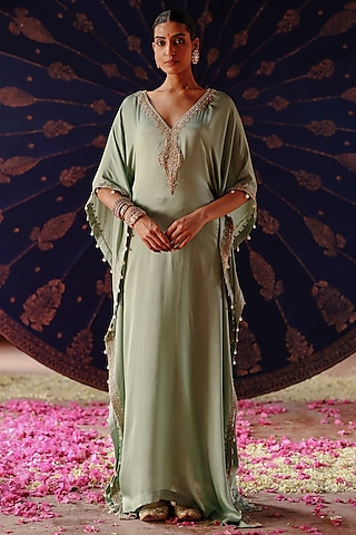 Sage Green Satin Georgette Hand Embroidered Kaftan Set by Jigar Mali at ...