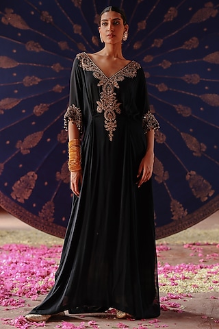 Navy Blue Satin Georgette Hand Embroidered Kaftan Set by Jigar Mali at ...