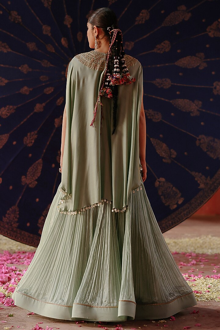 Sage Green Satin Georgette Hand Embroidered Kaftan Set by Jigar Mali at ...