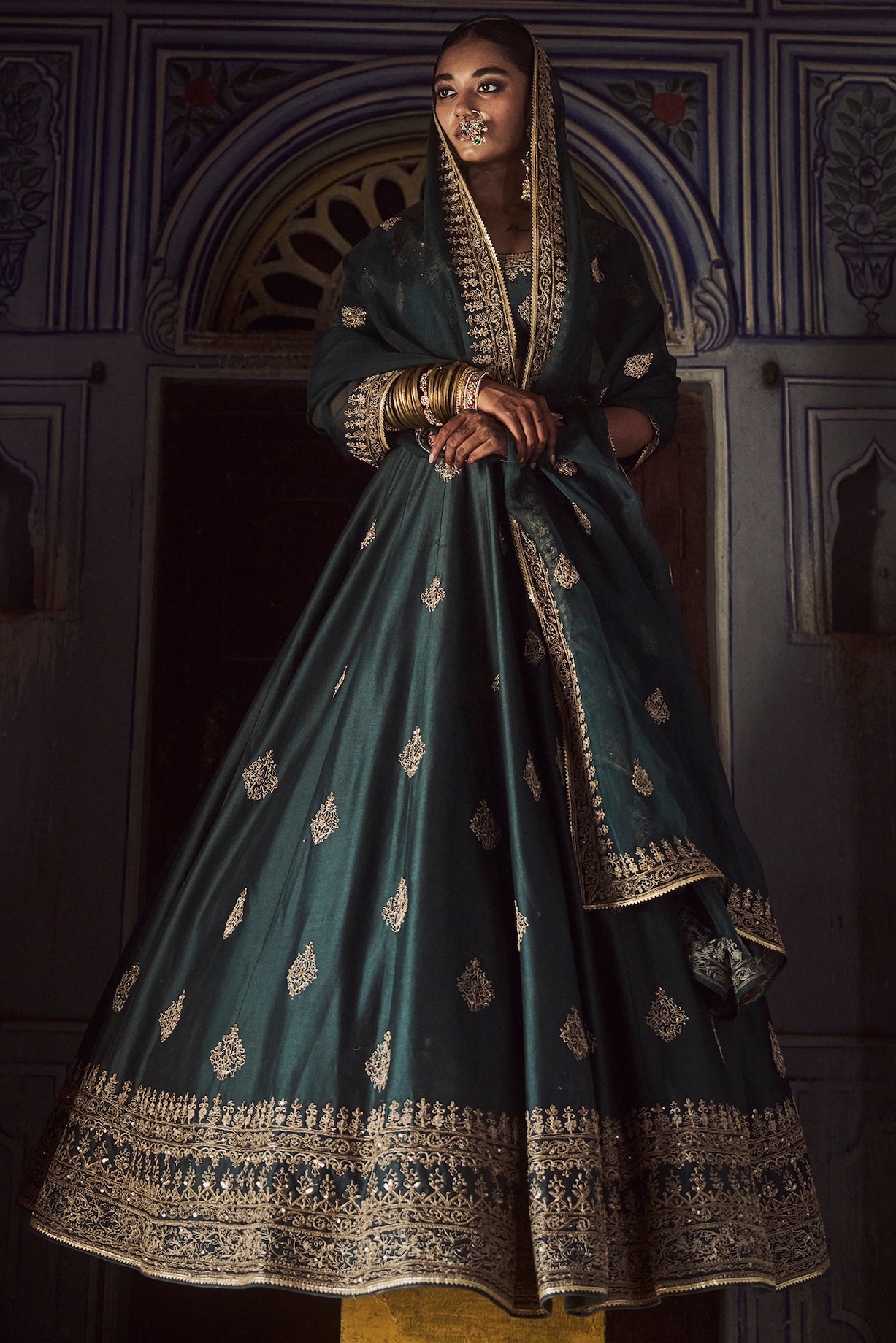 Bottle Green Chanderi Silk Dori Hand Embroidered Wedding Lehenga Set by ...