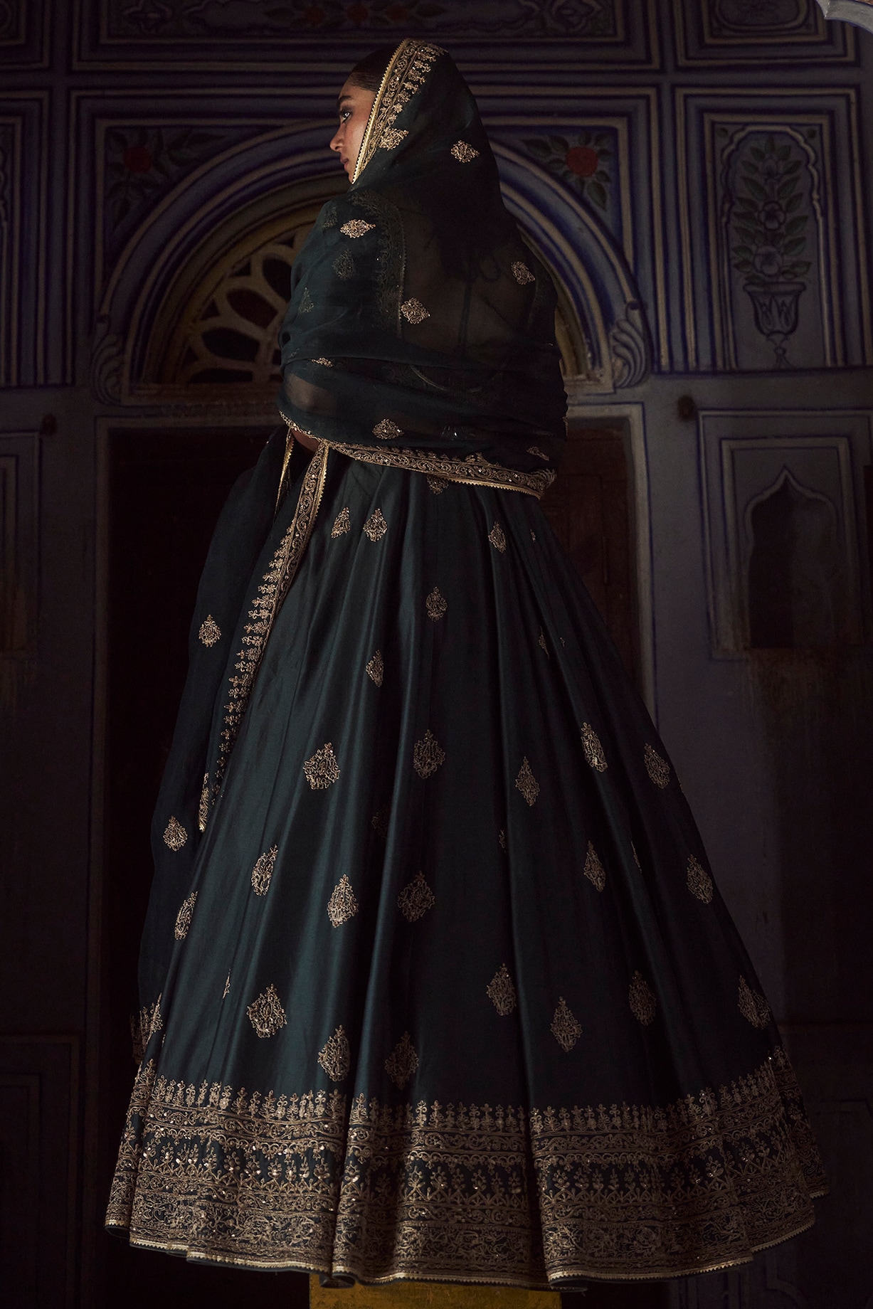 Bottle Green Chanderi Silk Dori Hand Embroidered Wedding Lehenga Set by ...