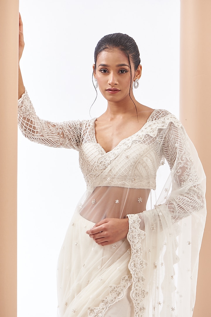 Milk White Butterfly Net Embroidered Saree Set by Jigar Mali at Pernia ...