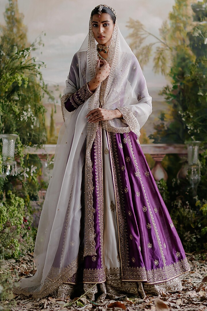 Purple Chanderi Silk Hand Embellished Jacket Bridal Lehenga Set by ...
