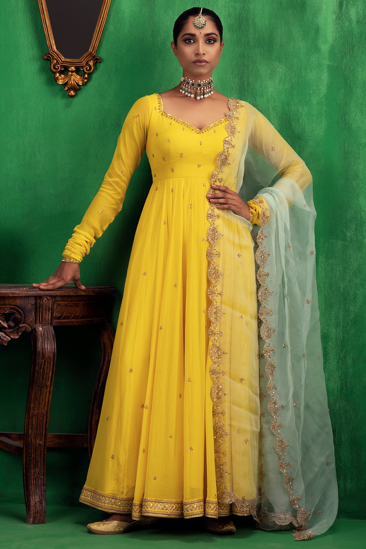 Yellow Embroidered Anarkali Set by Jigar Mali at Pernia's Pop Up Shop 2026