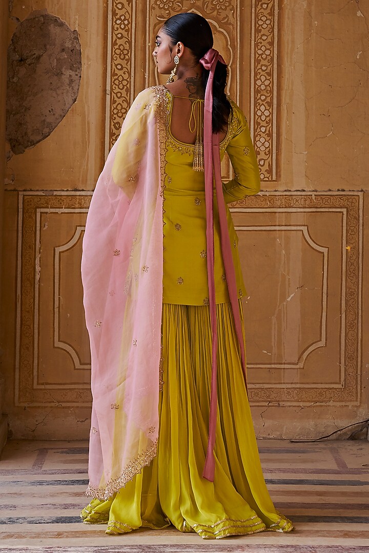 Lime Green Chinon Gharara Set by Jigar Mali at Pernia's Pop Up Shop 2026