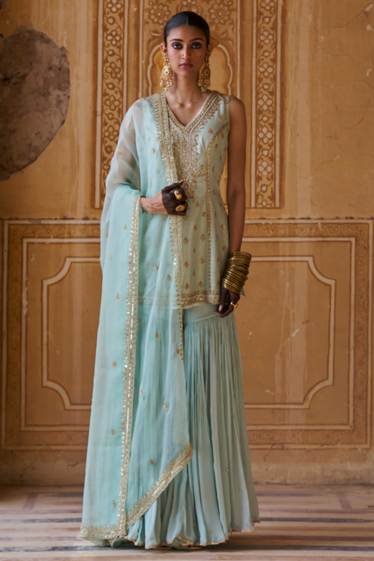 Sage Green Chinon Gharara Set by Jigar Mali at Pernia's Pop Up Shop 2025