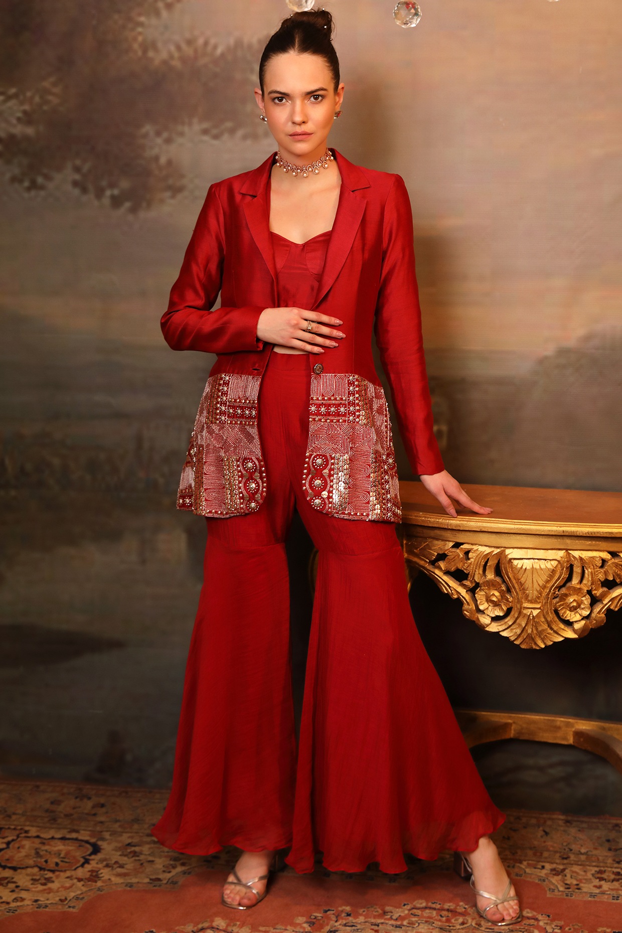 Maroon Soft Chanderi Zari Embroidered Blazer Set by JIGYA JAPRA at ...