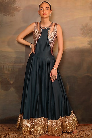 Metal Blue Chanderi Silk Gota Patti Work Jumpsuit by JIGYA JAPRA at ...