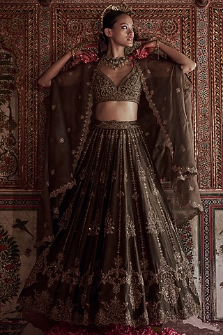 Olive Green Chanderi Silk Dori Hand Embroidered Bridal Lehenga Set by ...