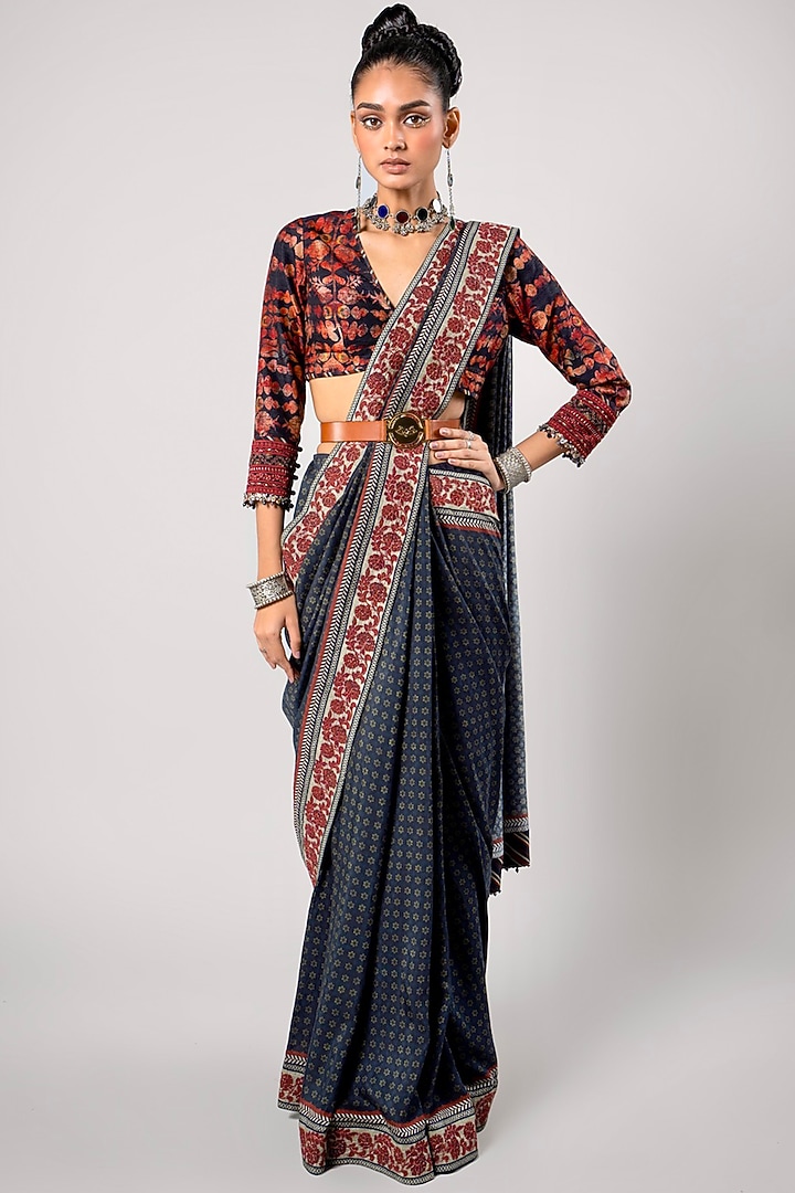 Dark Blue Tencel Luxe Printed & Embroidered Saree Set by JJV.Kapurthala By JJ Valaya at Pernia's ...