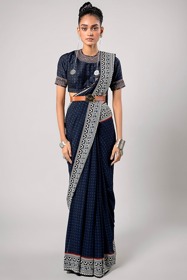 Dark Blue Tencel Luxe Printed Saree Set by JJV.Kapurthala By JJ Valaya ...