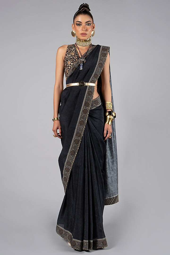 Dark Blue Tencel Luxe Printed Saree Set by JJV.Kapurthala By JJ Valaya at Pernia's Pop Up Shop 2025