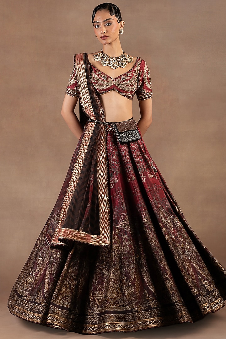 Red & Burgundy Ombre Silk Printed Bridal Lehenga Set by JJ Valaya at ...