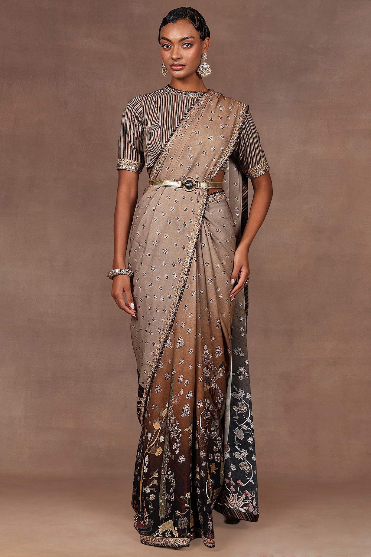 Walnut Brown Ombre Georgette Printed & Embroidered Reception Saree Set ...