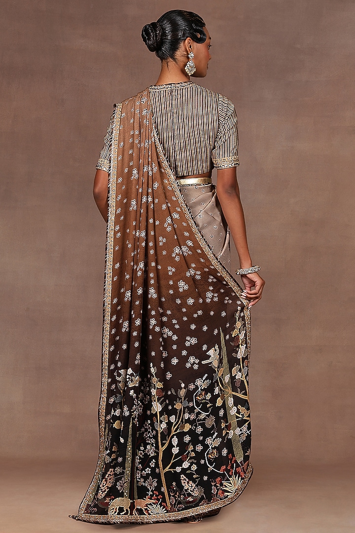 Walnut Brown Ombre Georgette Printed & Embroidered Reception Saree Set ...