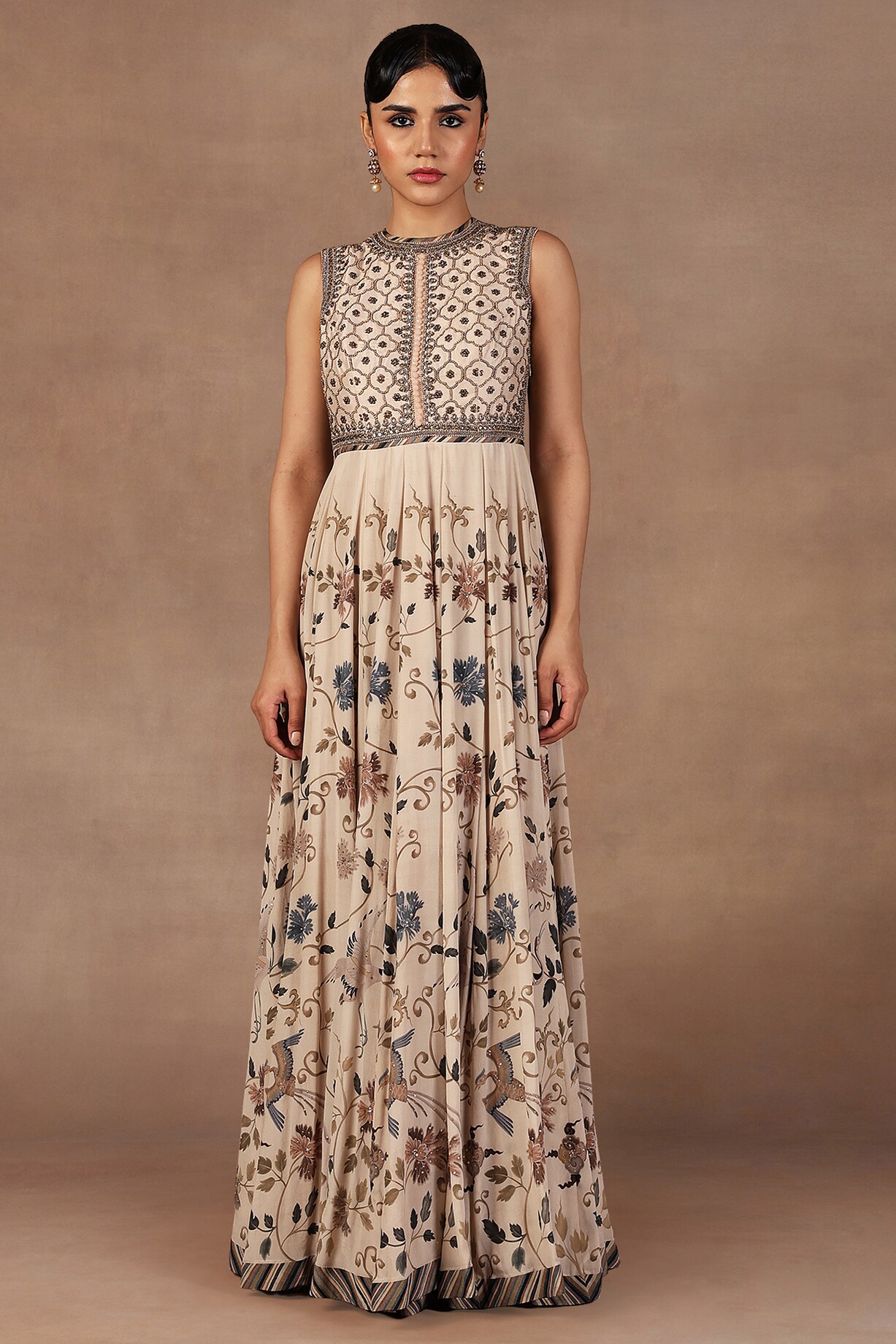 Cream Ivory Crepe Georgette Sequins Embroidered Maxi Party Wear Dress ...