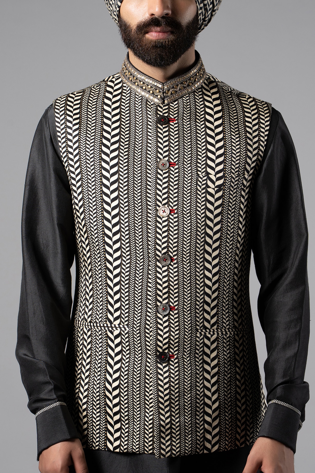 Buy JJV.Kapurthala By JJ Valaya Men Black & White Linen Printed Nehru ...