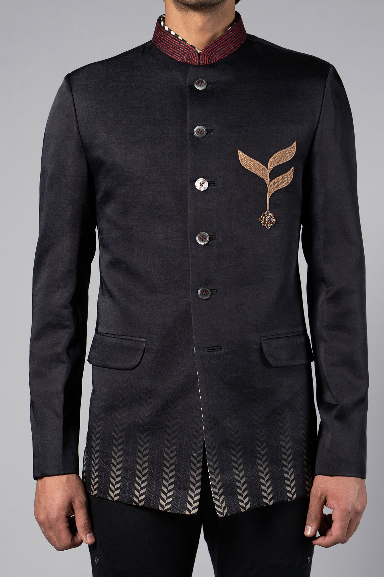 Black Dupion Printed Bandhgala by JJV.Kapurthala By JJ Valaya Men at ...