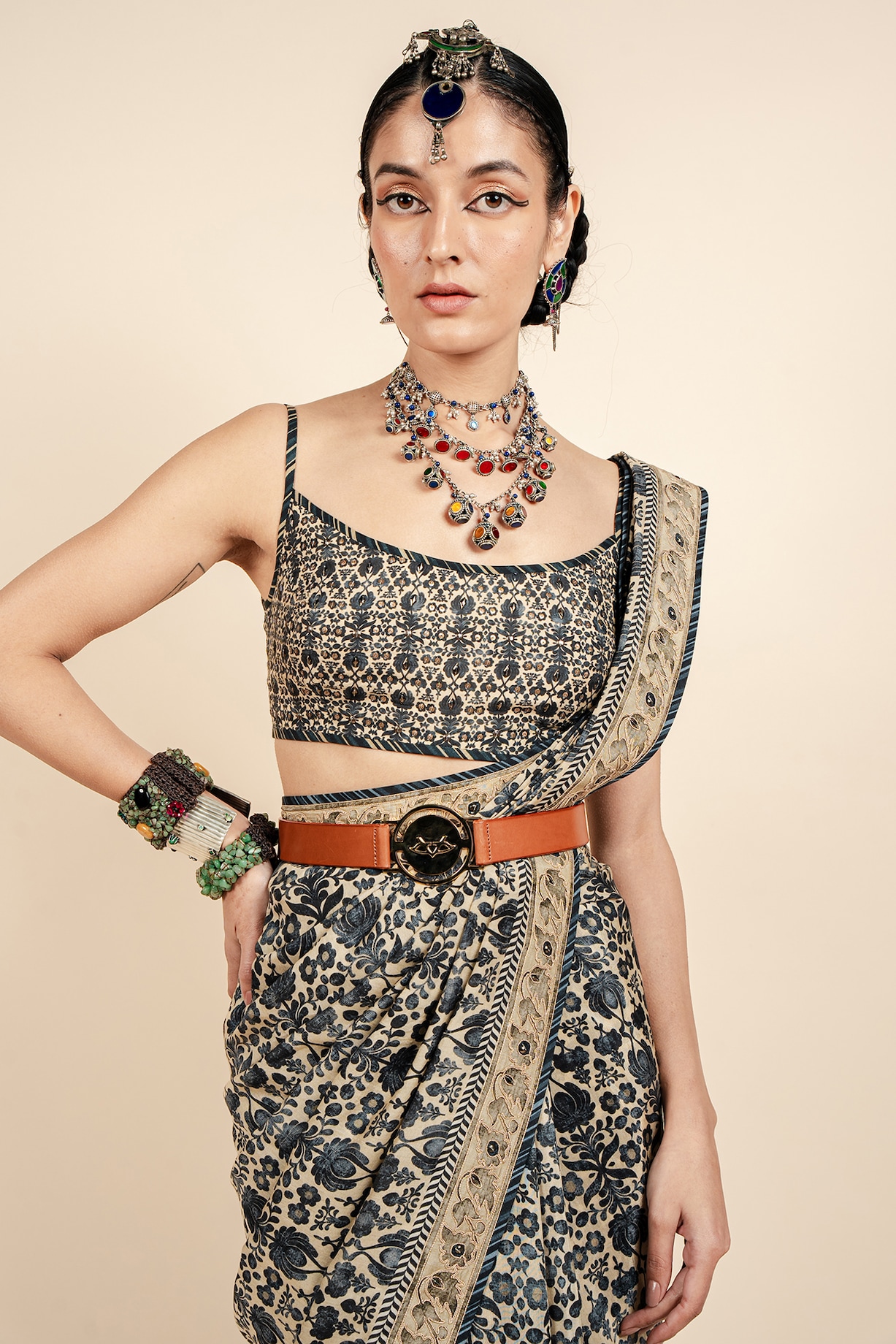 Beige & Dark Blue Tencel Luxe Printed Saree Set by JJV.Kapurthala By JJ Valaya at Pernia's Pop ...